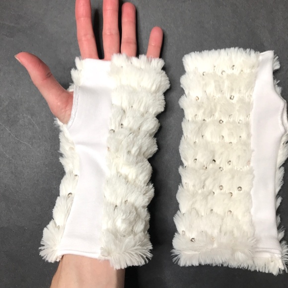 Hand Crafted | Accessories | White Fuzzy Hand Warmers Sequin Fur Wrist ...
